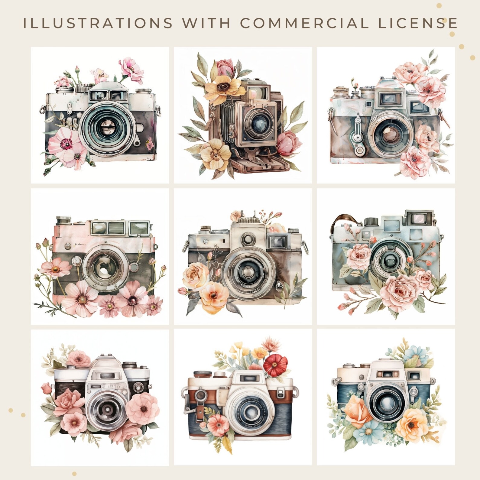 12 Retro Camera Clipart, Watercolor Flowers Digital Printable for ...
