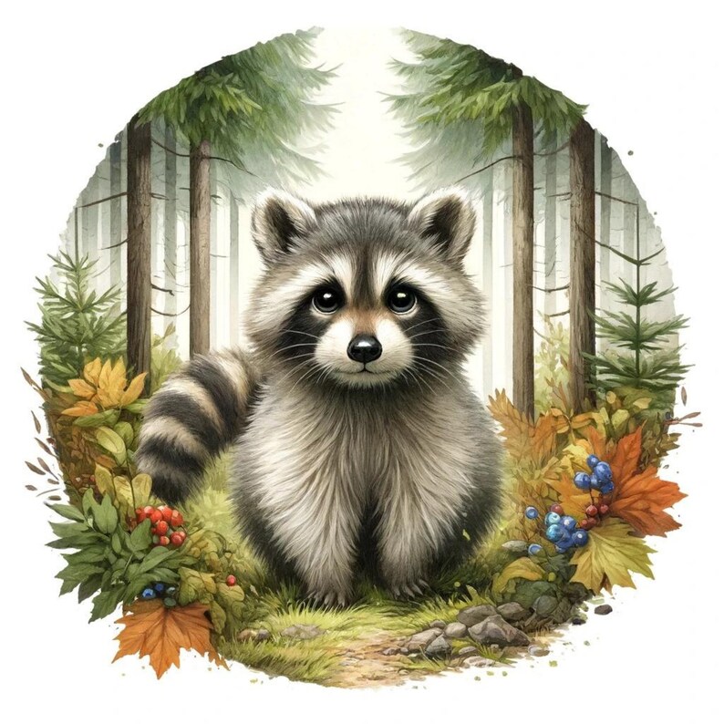 Raccoon in a Forest, Watercolor Animals, Instant Download, Woodland ...