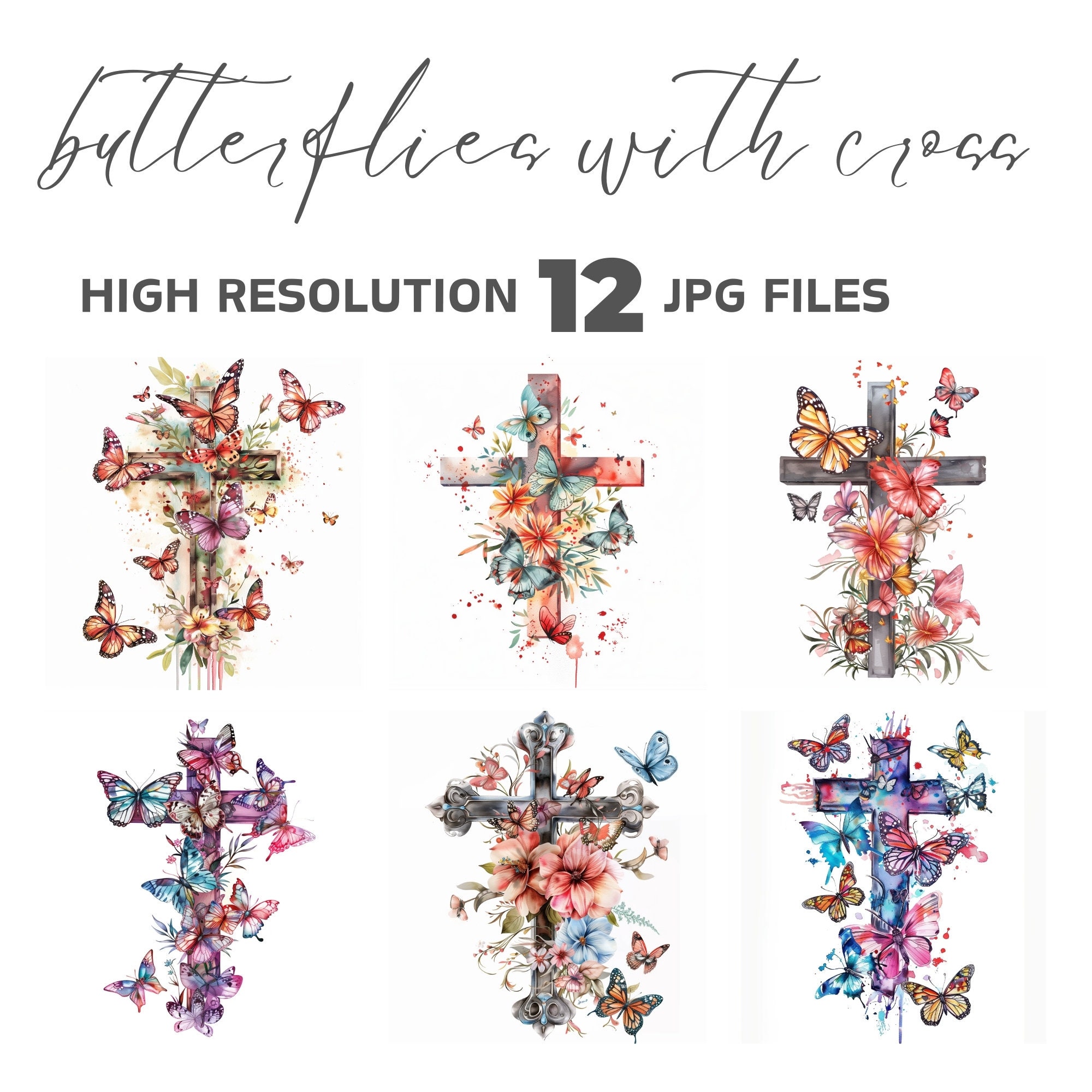 12 Butterflies With Cross Clipart, Spring Butterfly Print and Cross Set ...