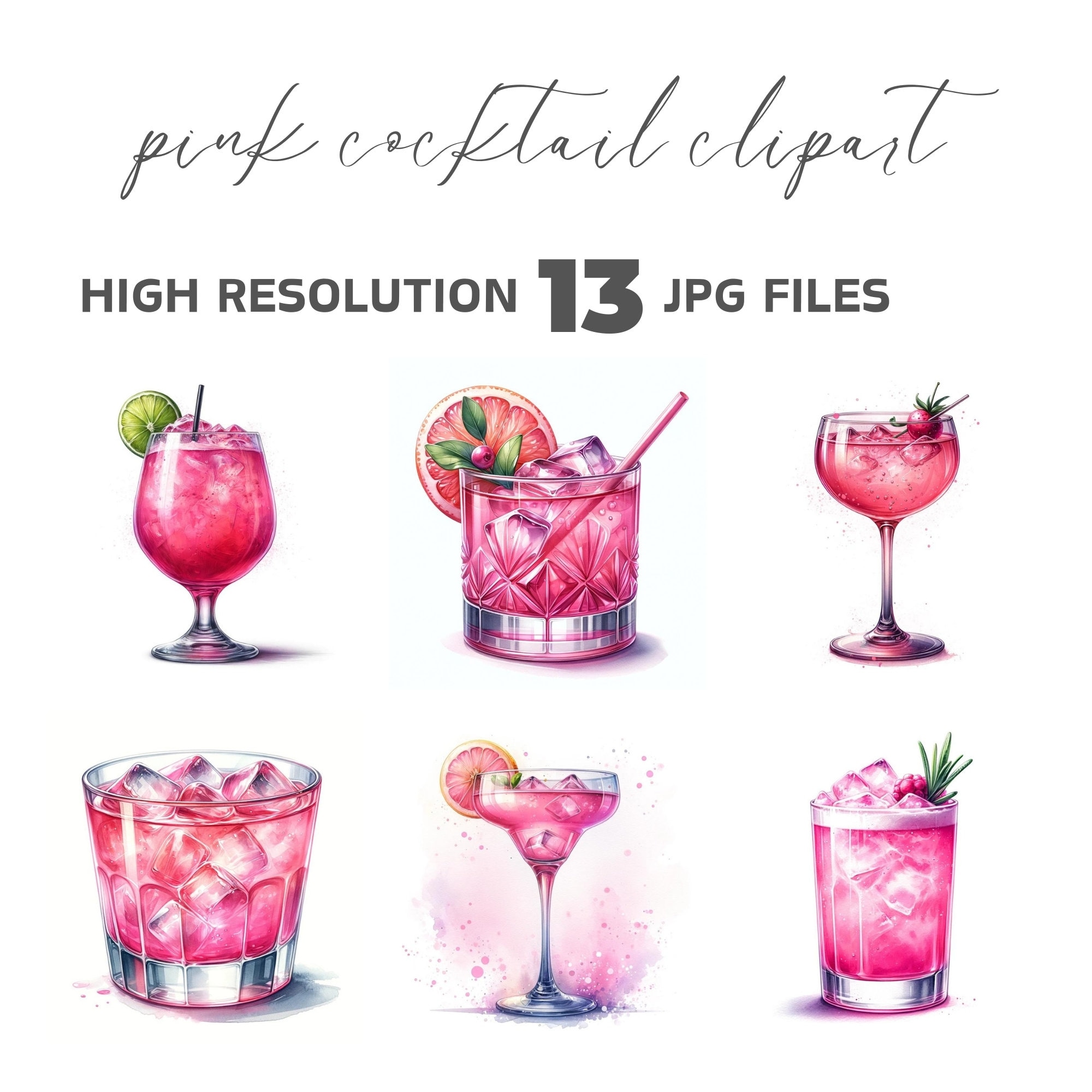 13 Pink Cocktails Alcohol Drinks Clipart Pack for Digital Crafting and ...