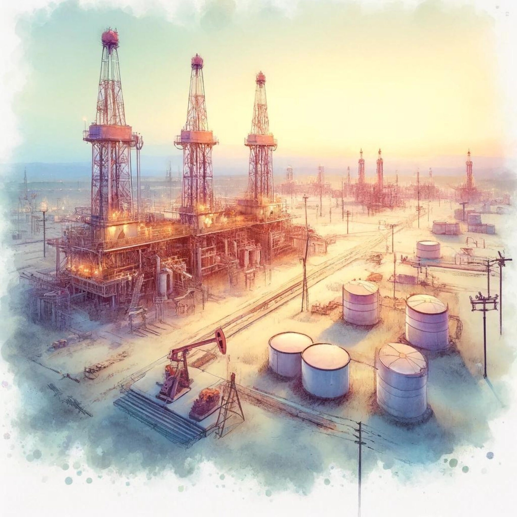 Watercolor Oilfield Landscape, Printable Artwork, Digital File, Oil Rig ...