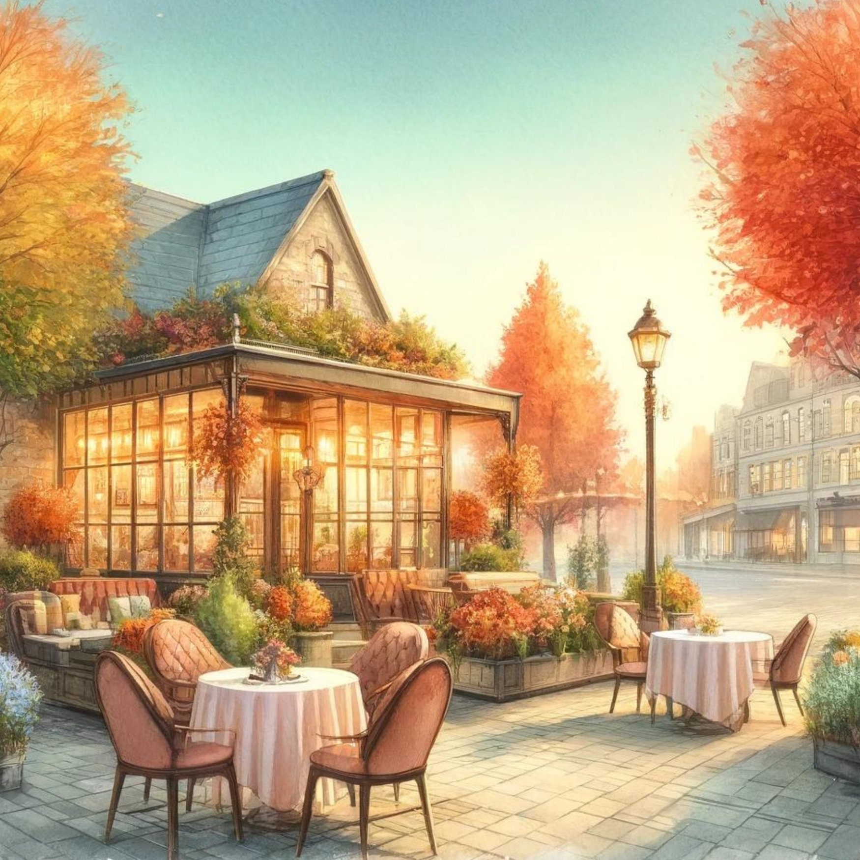 Autumn Cafe Watercolor Landscape Clipart Set, Digital Download for ...