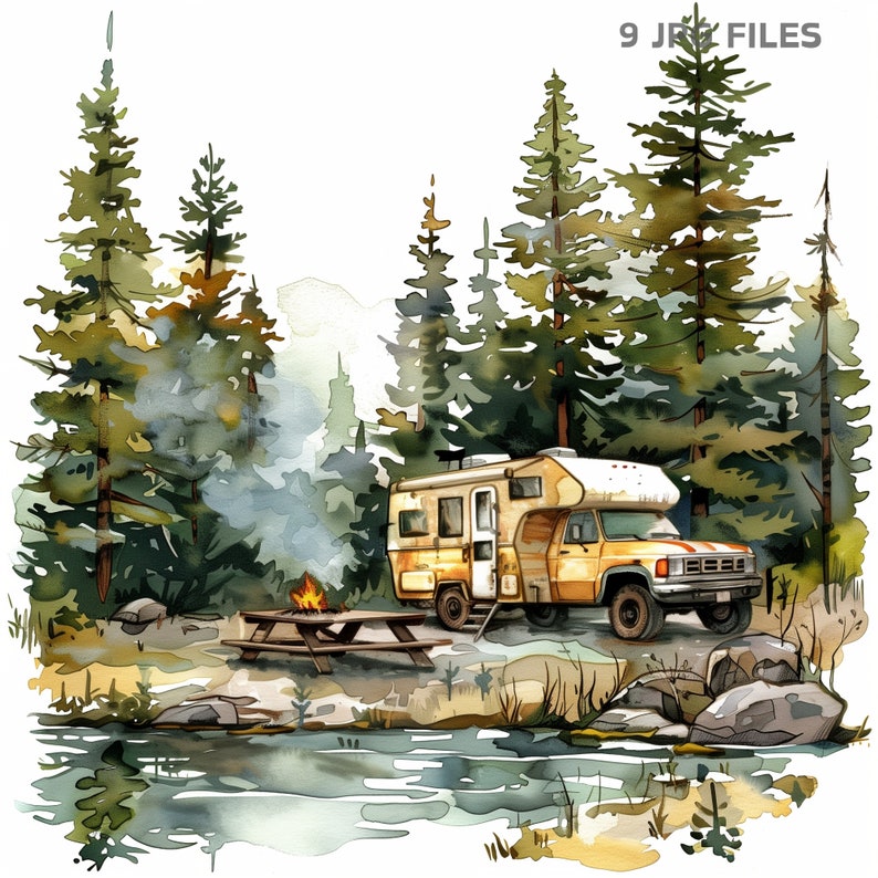 Glamping and Camping Clip Art Set, Watercolor Nature and Campfire ...
