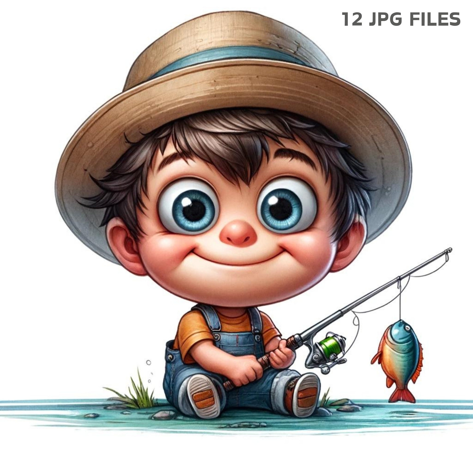 Little Boy Fishing, Instant JPEG Download, Digital Fishing Clipart Set ...