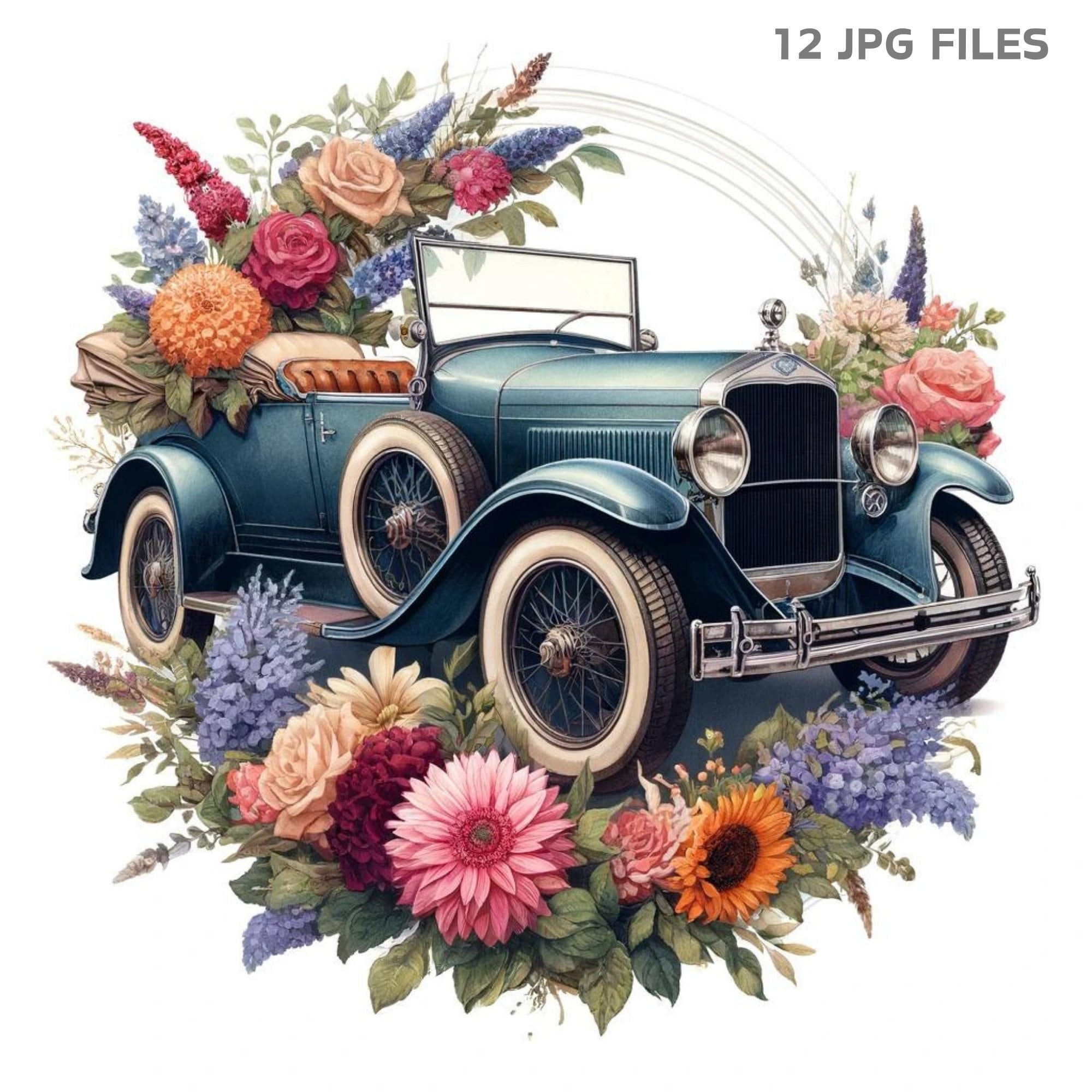 Vintage Car With Flowers Clipart, Instant Download for Commercial Use ...