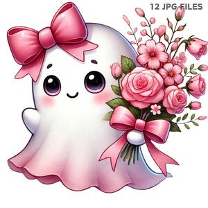 Pink Girly Ghost With Flowers Clipart, Cute Floral Ghosts, Coquette ...