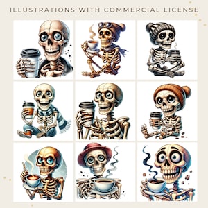 Skeleton With Coffee Cup Clipart, Watercolor Junk Journal Images ...