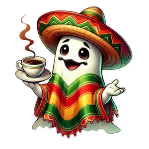 Funny Mexican Ghost With Coffee Cup Clipart, Cute Spanglish Ghost ...
