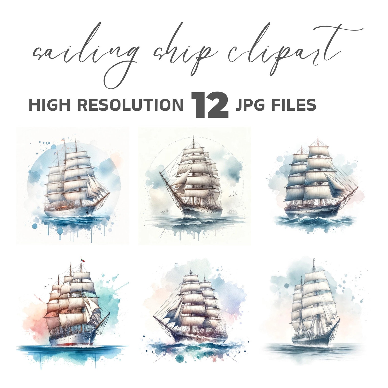 Sailing Ship Clipart, Instant Download Watercolor Clipart Set for Paper ...