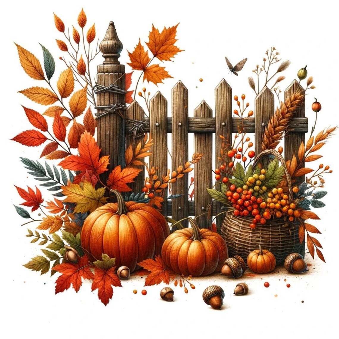 Autumn Garden Fence Watercolor Clipart Set, Digital Crafting, Fall ...