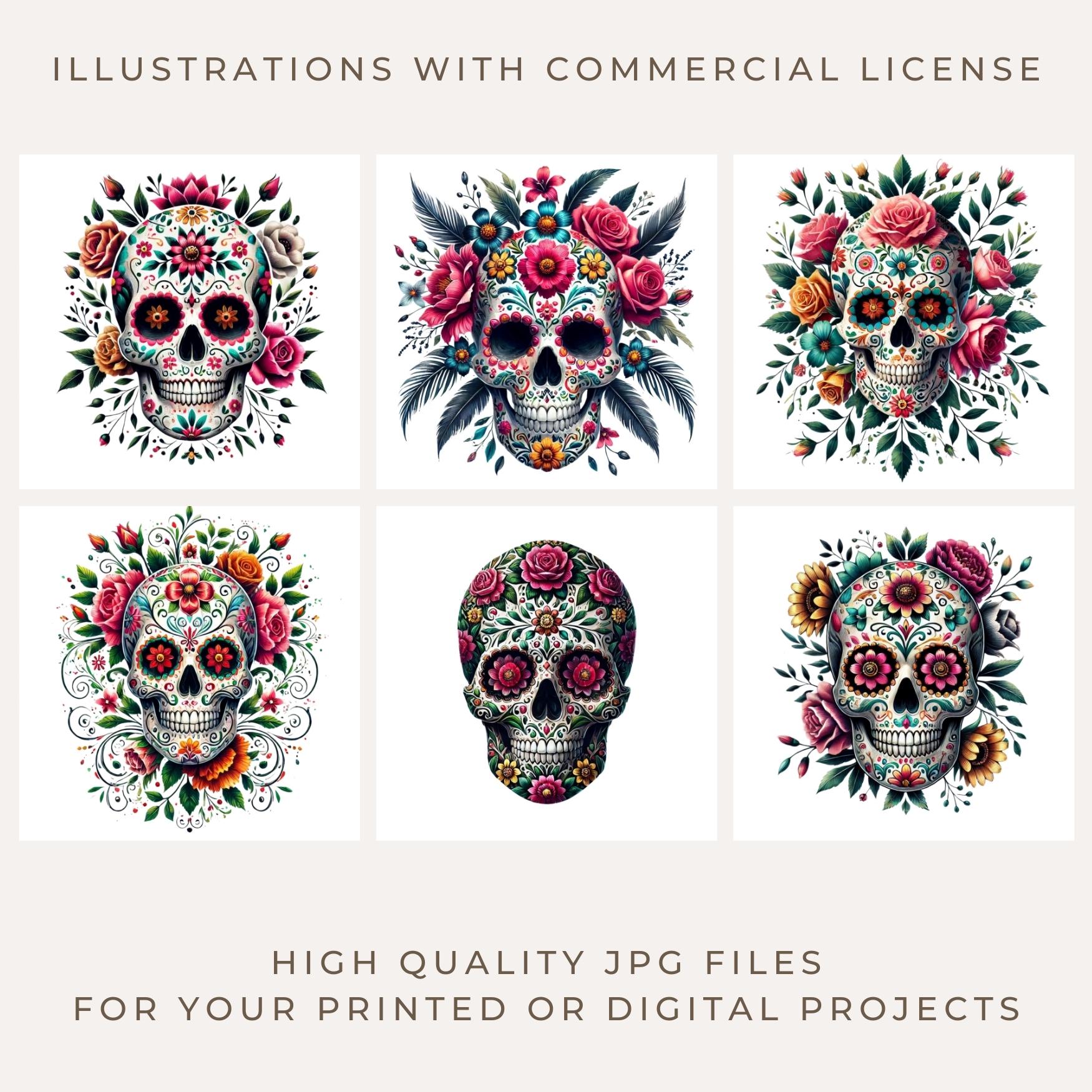 Digital Mexican Floral Skull Clipart Bundle, Day of the Dead Watercolor ...