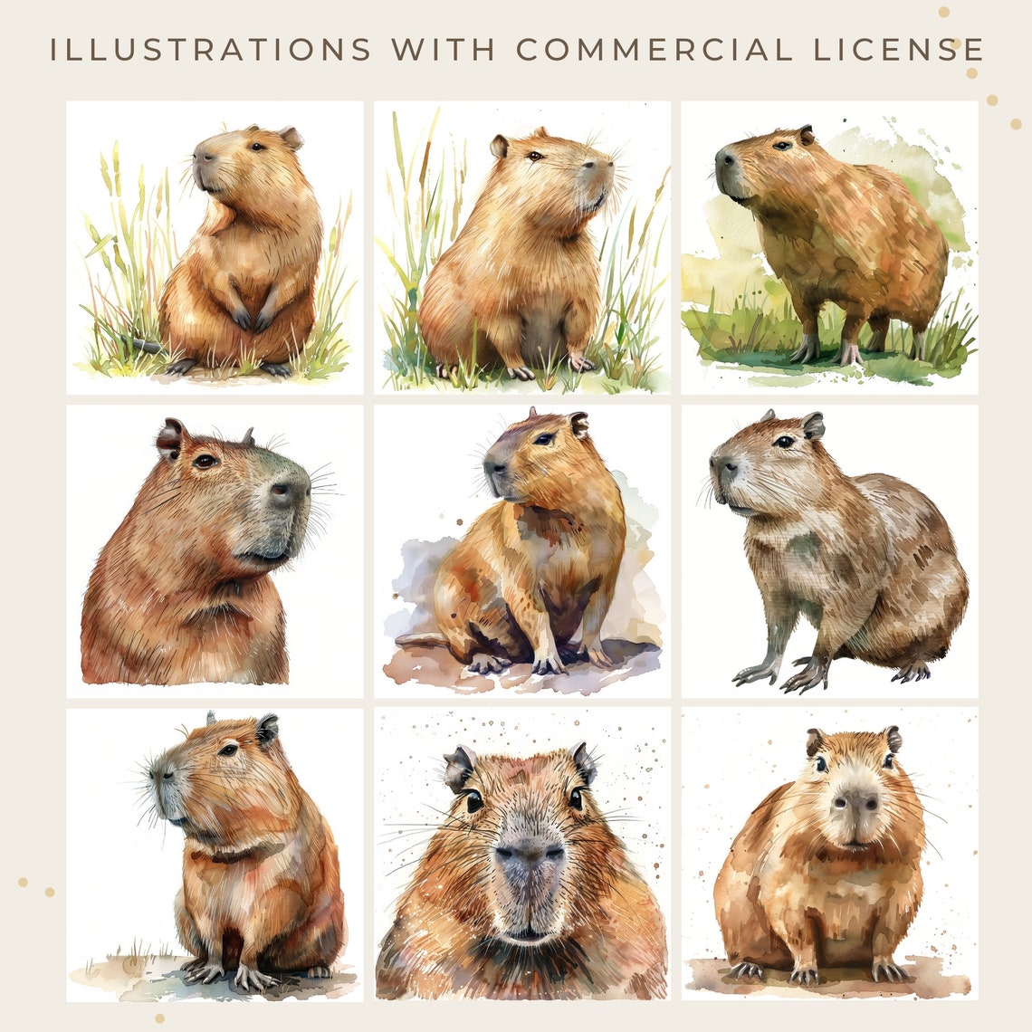 Wild Capybara Watercolor Clipart Set for Commercial Use, Instant ...