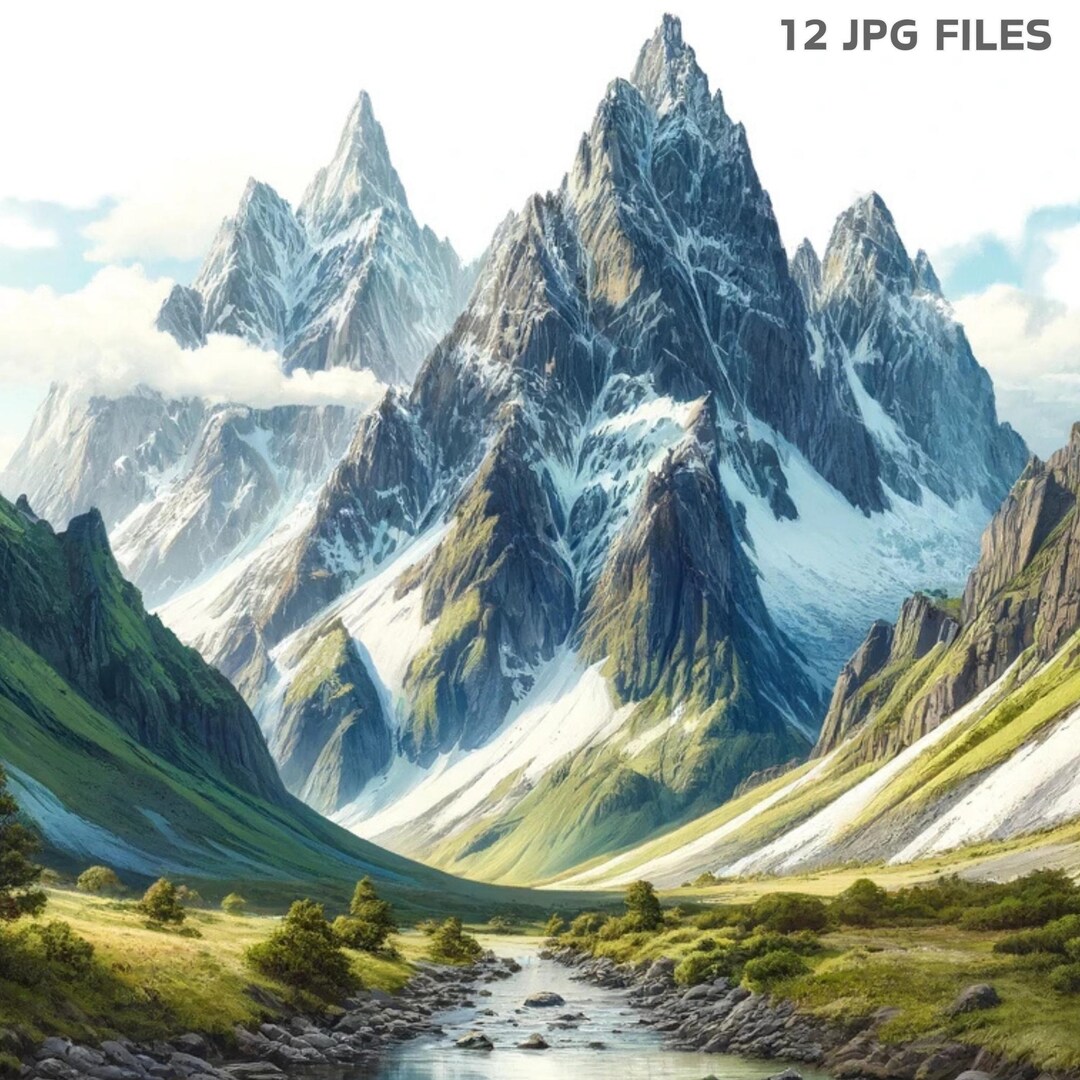 Mountain Scene Clipart, High-resolution Nature Landscape With Snowy ...