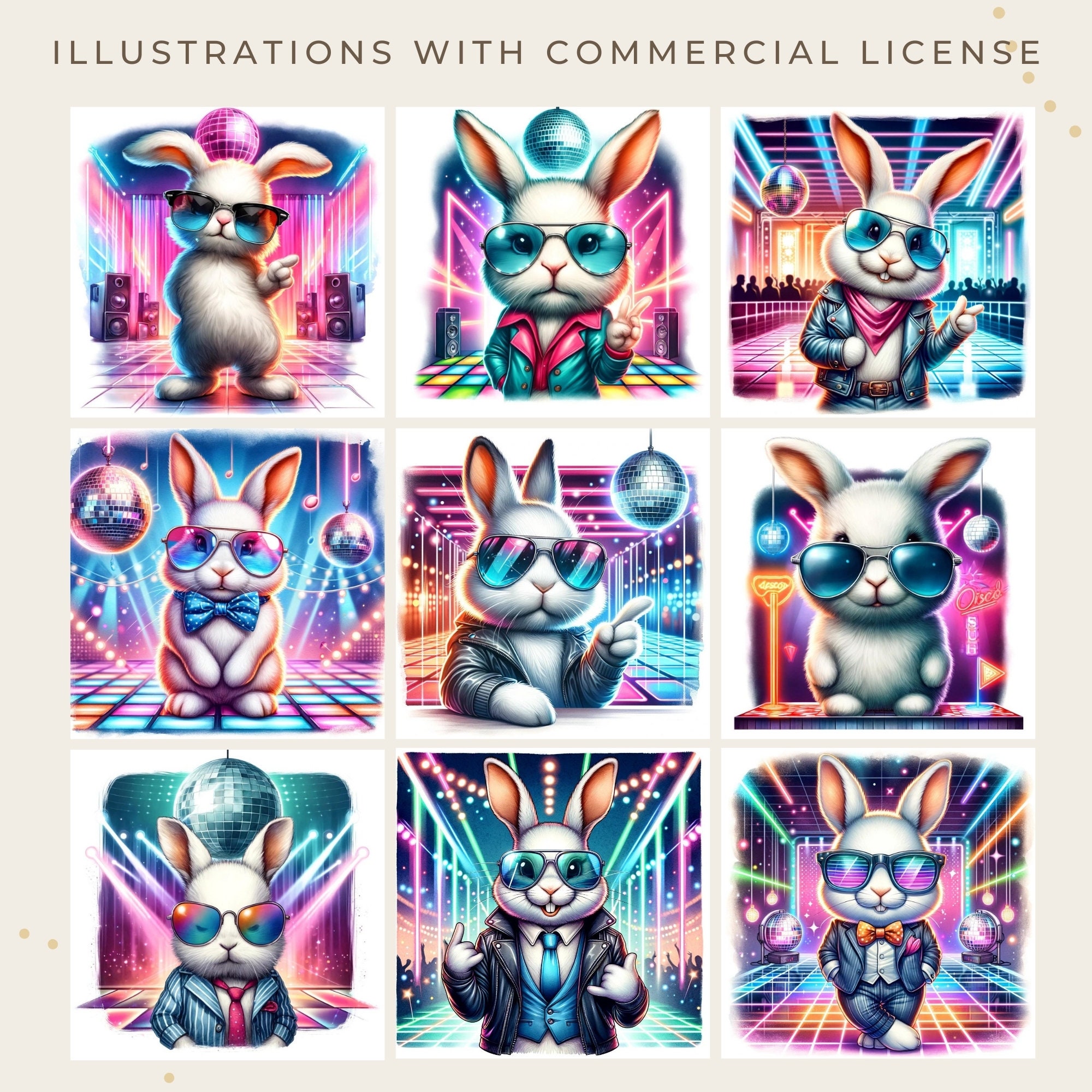 Neon Disco Bunny Watercolor Clipart Set, Digital Download for ...