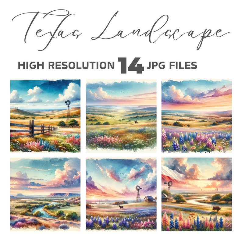 14 Watercolor Texas Landscape Digital Image Printable Design ...