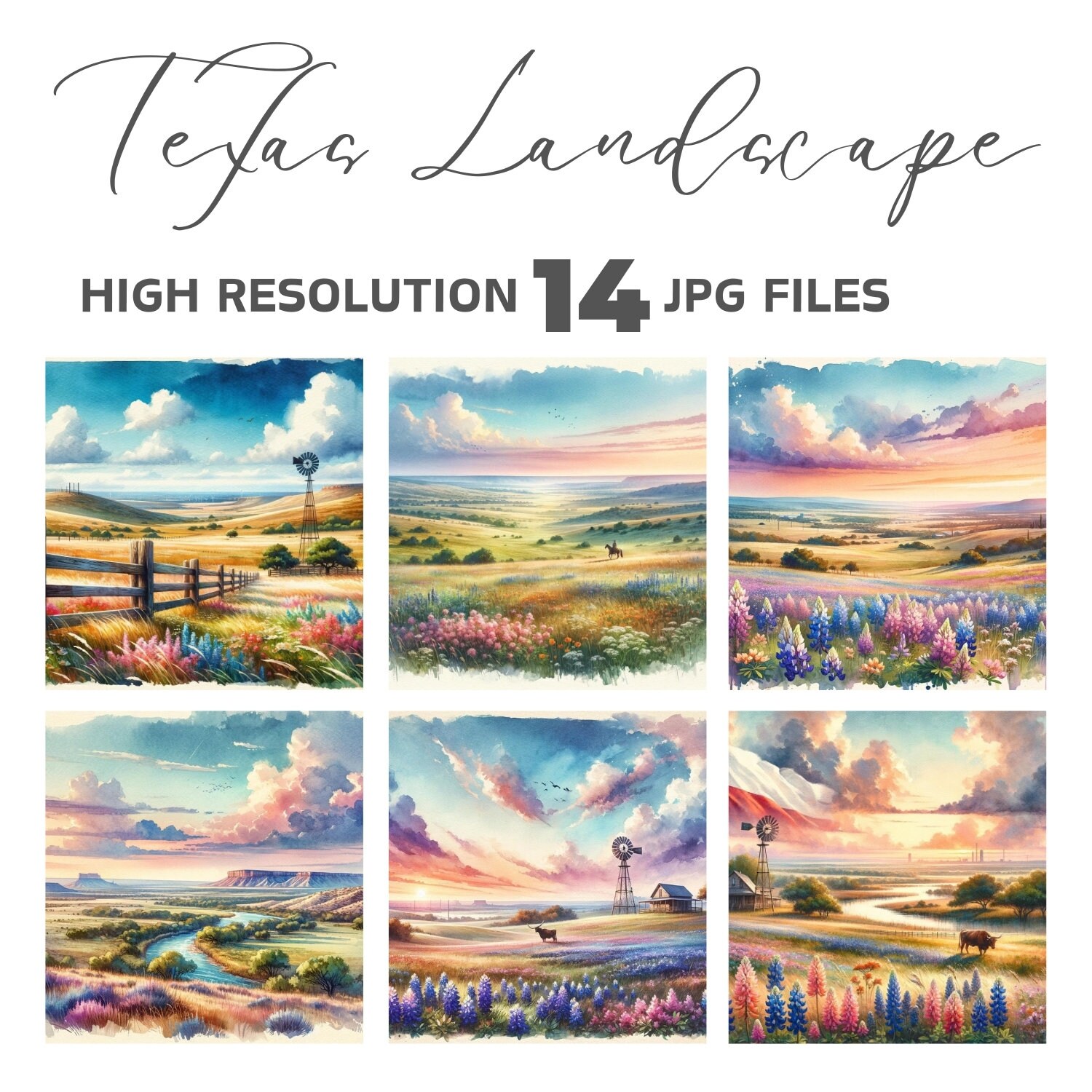 14 Watercolor Texas Landscape Digital Image Printable Design ...