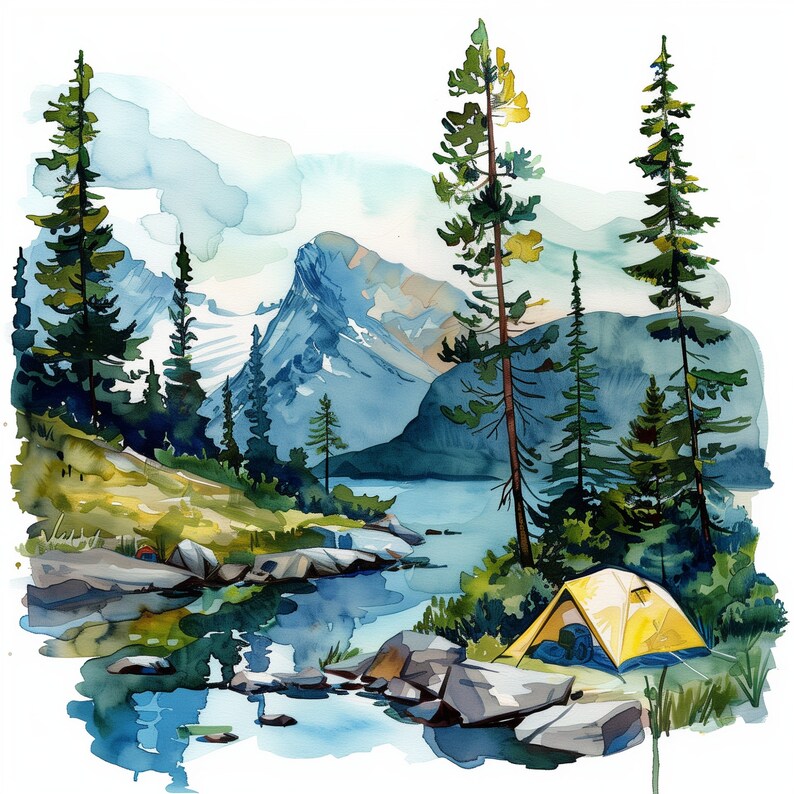 Glamping and Camping Clip Art Set, Watercolor Nature and Campfire ...