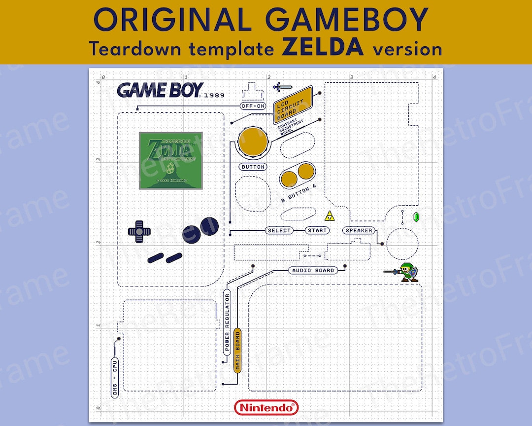 ORIGINAL GAMEBOY Teardown Template - ZELDA Version (white Blueprint ...
