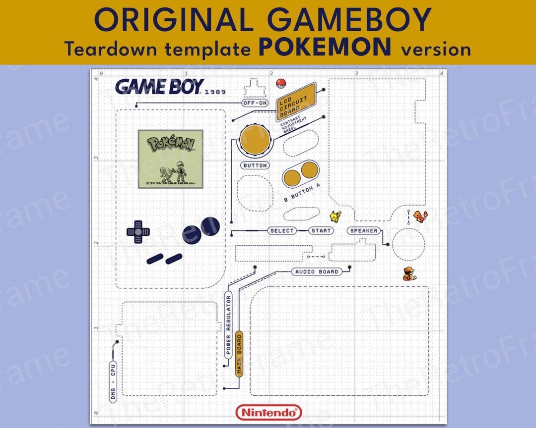 ORIGINAL GAMEBOY Teardown Template - POKEMON Version (white Blueprint ...
