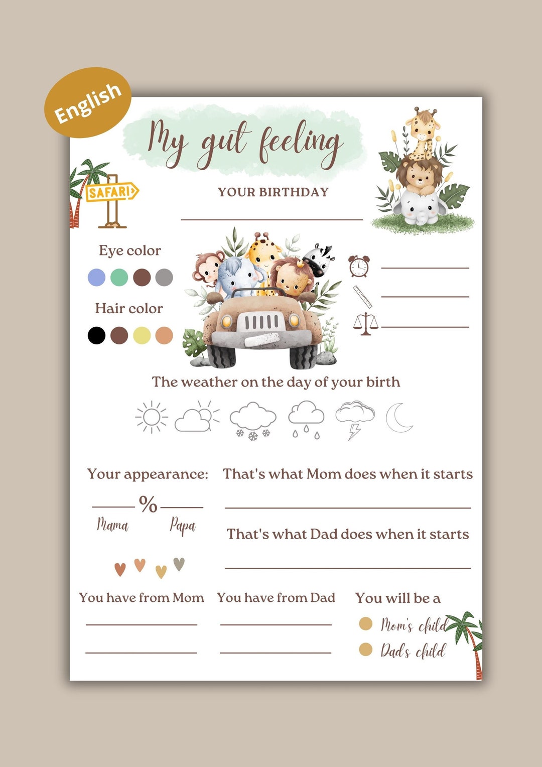ENGLISH - Safari Fill-in Card Baby Party - My Gut Feeling, Tip Card to ...