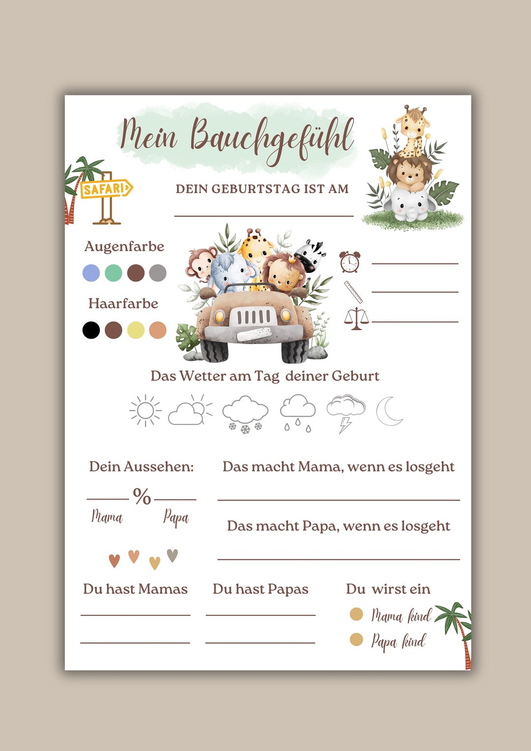 Safari Baby Shower Fill-in Card - My Gut Feeling, Tip Card to Fill Out ...