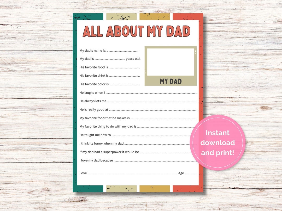 All About My Dad, Father's Day Printable, INSTANT DOWNLOAD, Father's ...