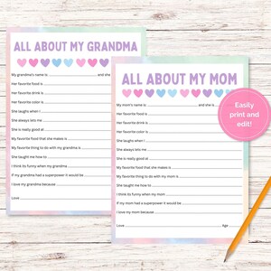 All About My Mom, Mother's Day Printable, INSTANT DOWNLOAD, Mother's ...
