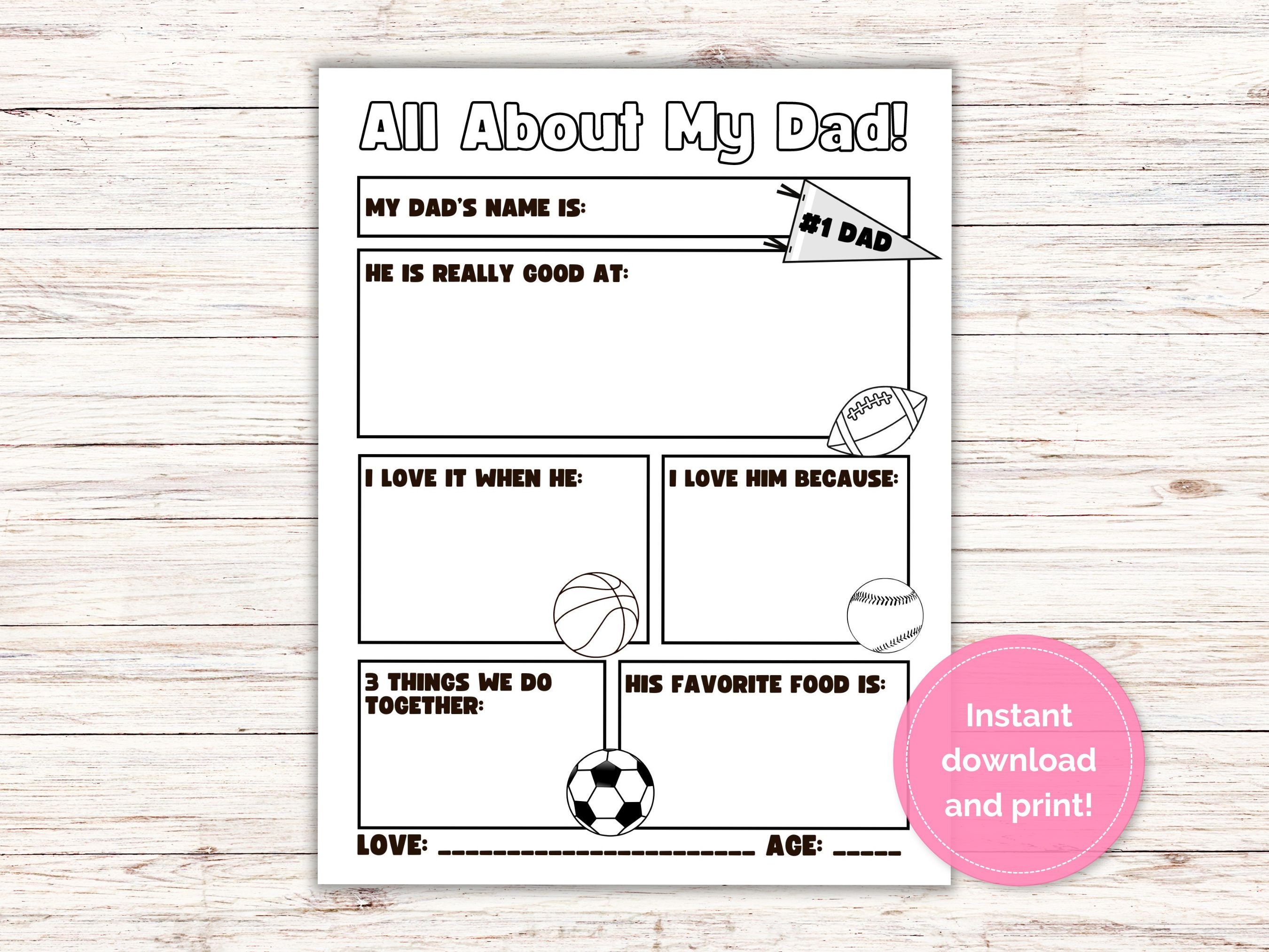 All About My Dad, Father's Day Printable, INSTANT DOWNLOAD, Father's ...