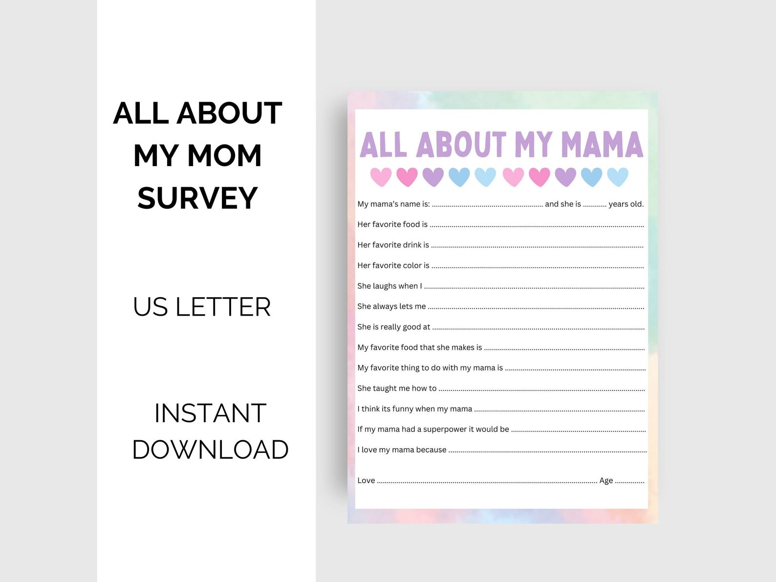 All About My Mom, Mother's Day Printable, INSTANT DOWNLOAD, Mother's ...