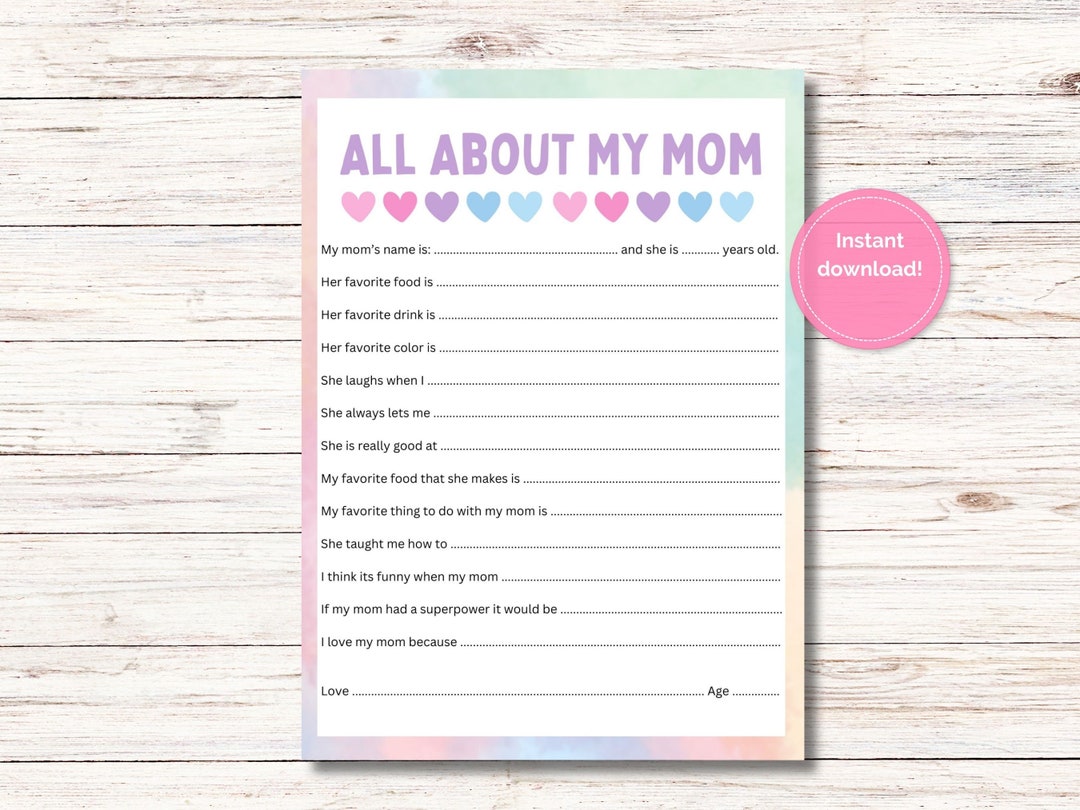 All About My Mom, Mother's Day Printable, INSTANT DOWNLOAD, Mother's ...
