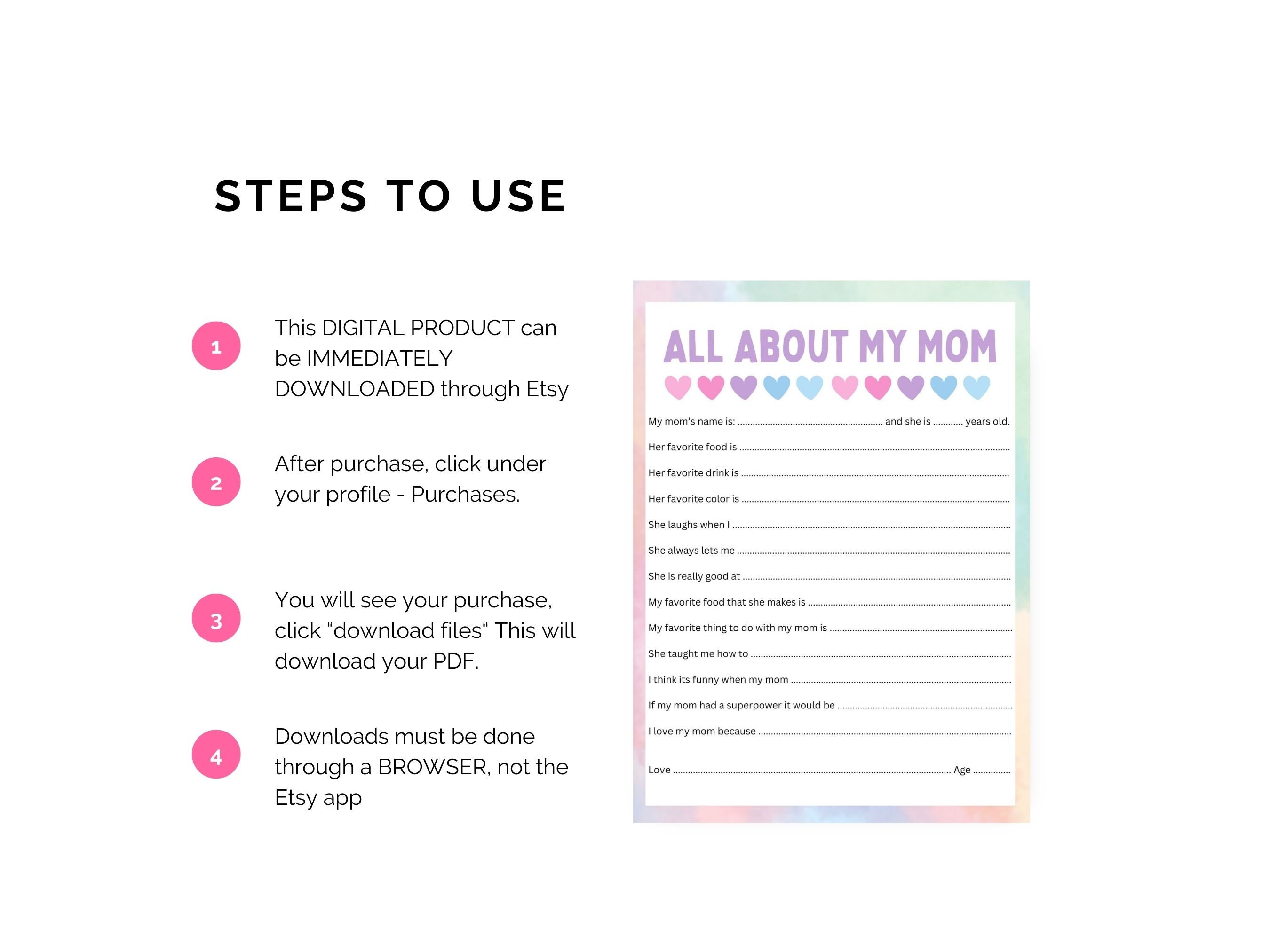 All About My Mom, Mother's Day Printable, INSTANT DOWNLOAD, Mother's ...