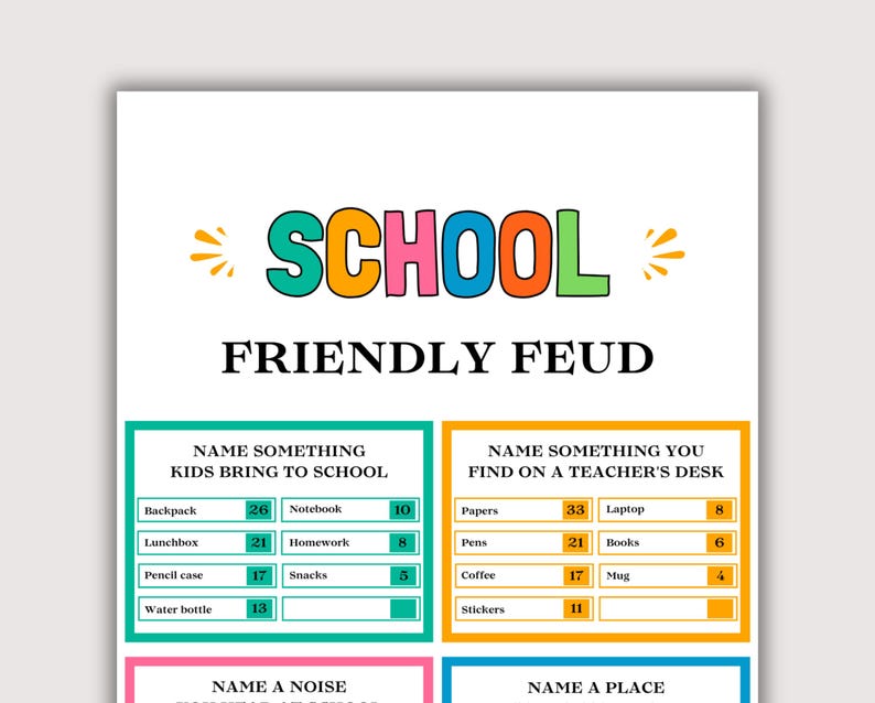 School Friendly Feud Game, Fun Printable School Classroom Activity for ...