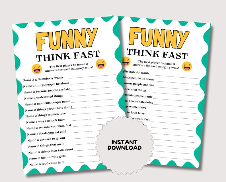 Funny Think Fast Game, Fun Printable Game for Adults Kids, Team ...