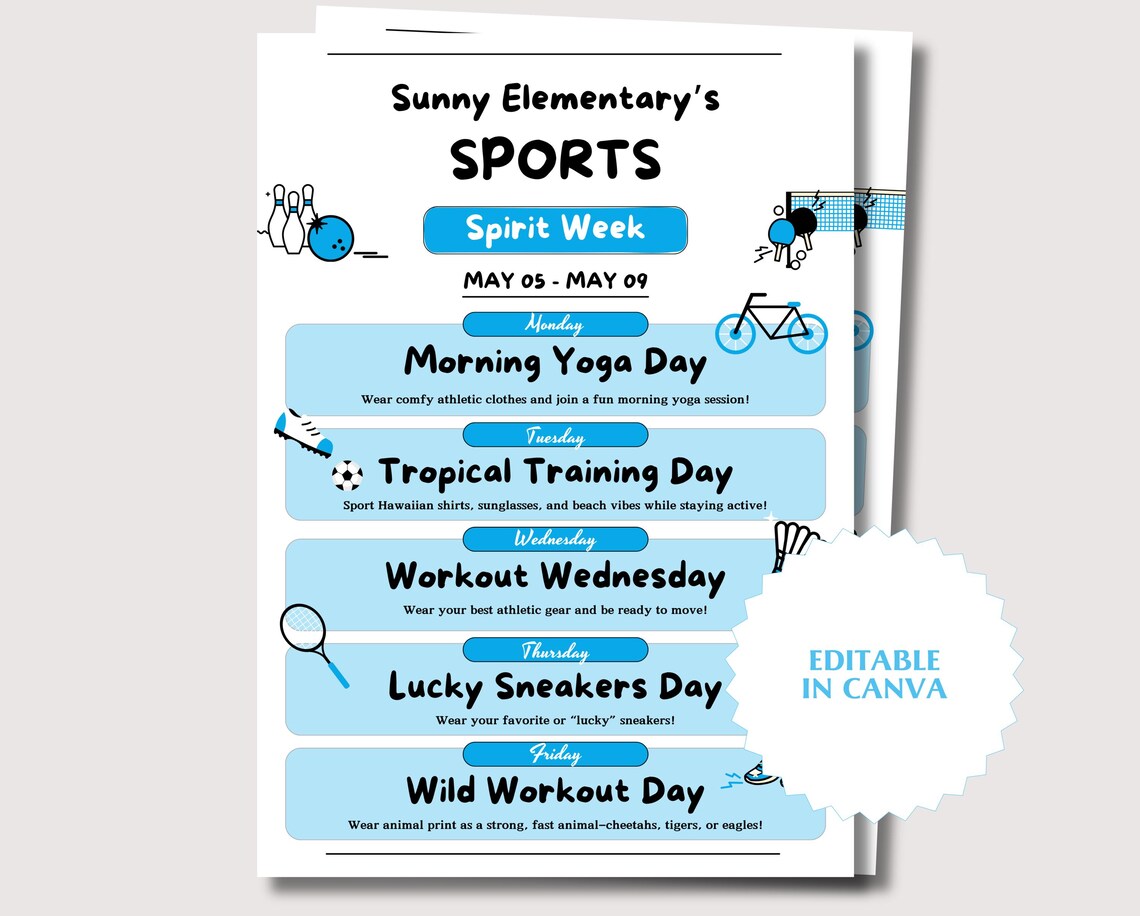Sports Spirit Week Flyer Editable in Canva, Spring School Spirit Week ...