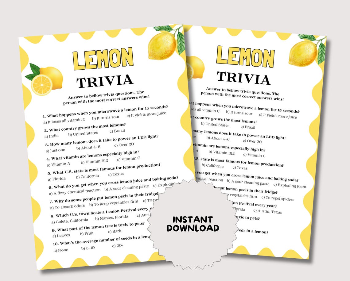 Lemon Trivia Game, Lemon Game for Kids Adults, Lemon Themed Baby Shower Summer Lemonade Party ...