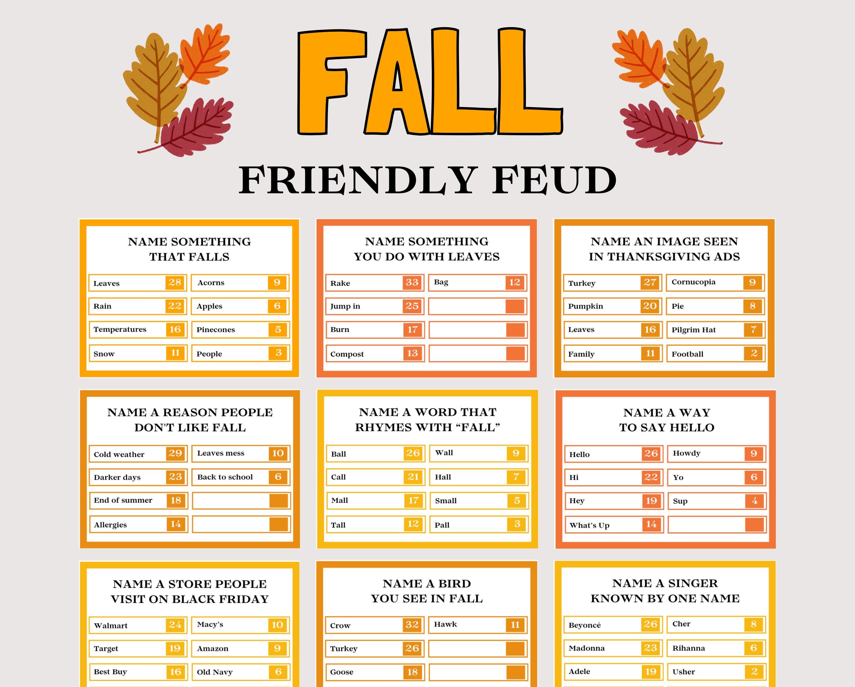 Fall Friendly Feud, Fall Party Games for Kids Adults, Autumn Friendly ...