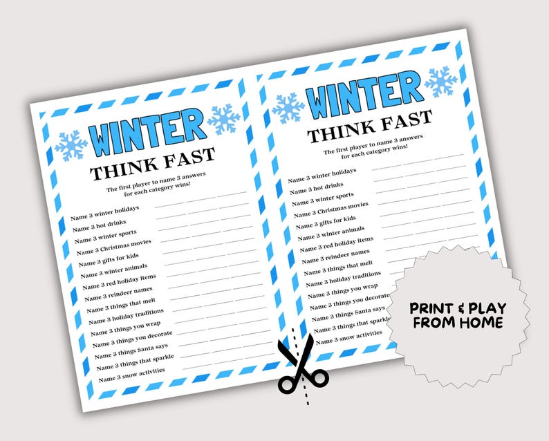 Winter Think Fast Game, Fun Printable Winter Game for Kids Adults ...