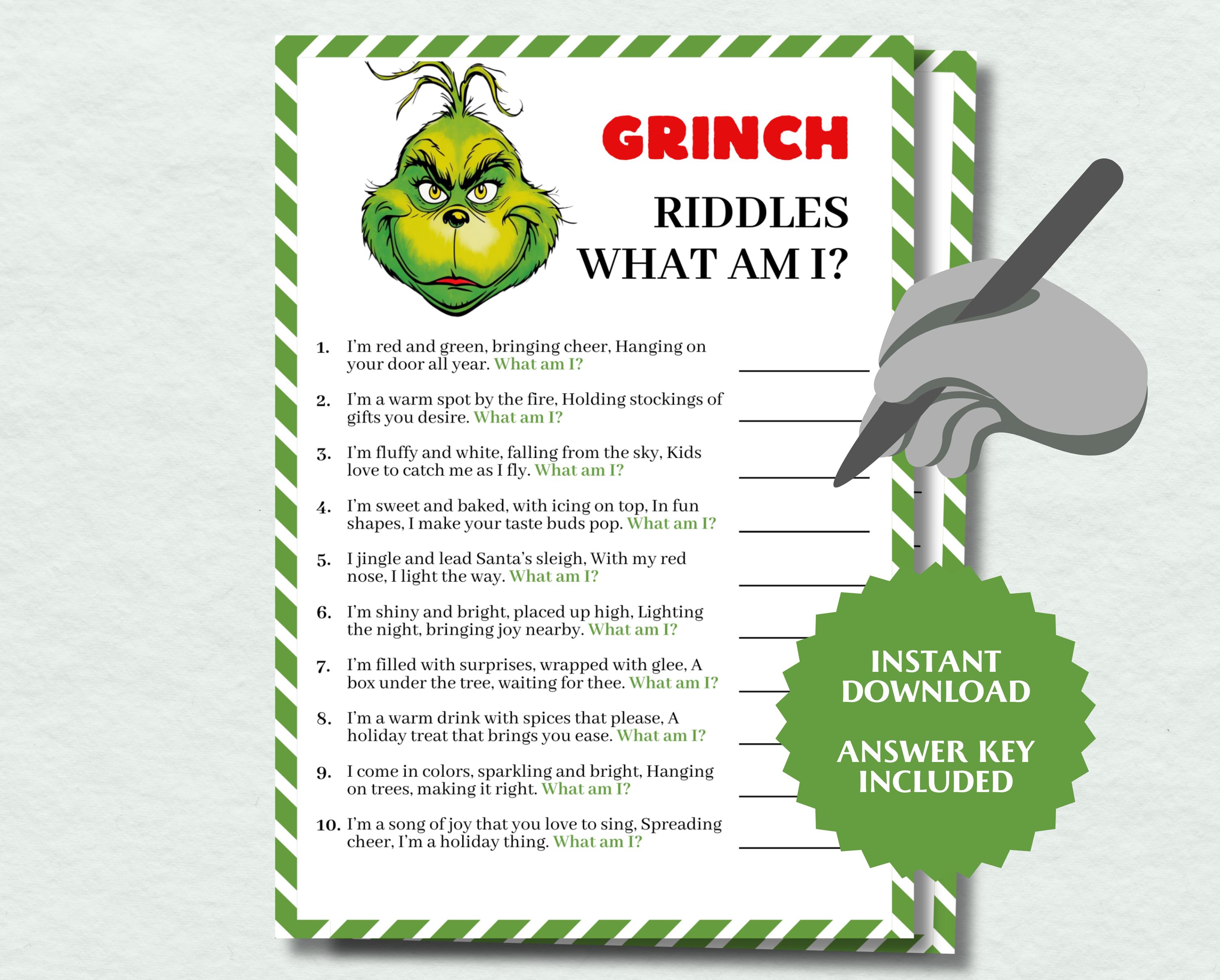 Grinch Riddles Who Am I Game, Funny Christmas Questions and Answers for ...