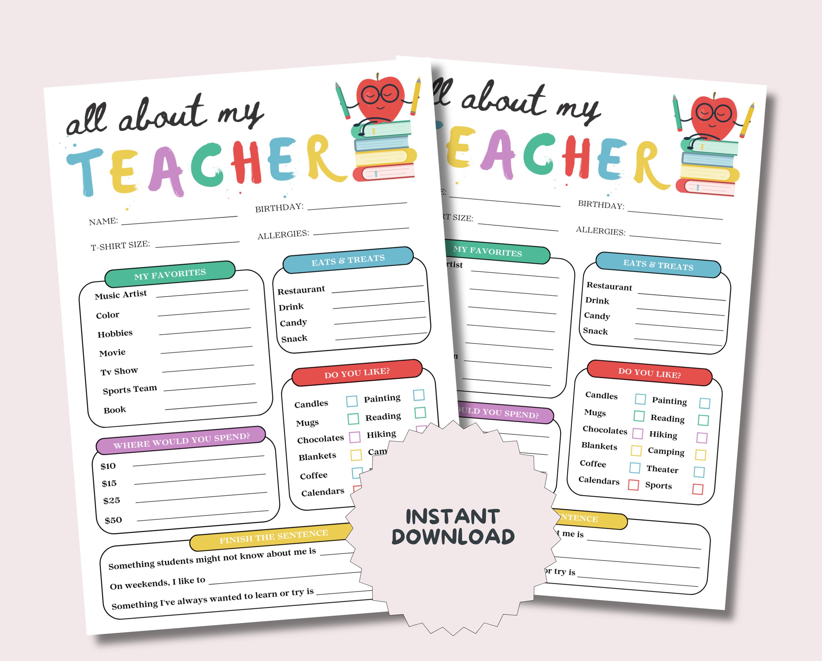 All About My Teacher Favorite Things Questionnaire, Printable Teacher ...