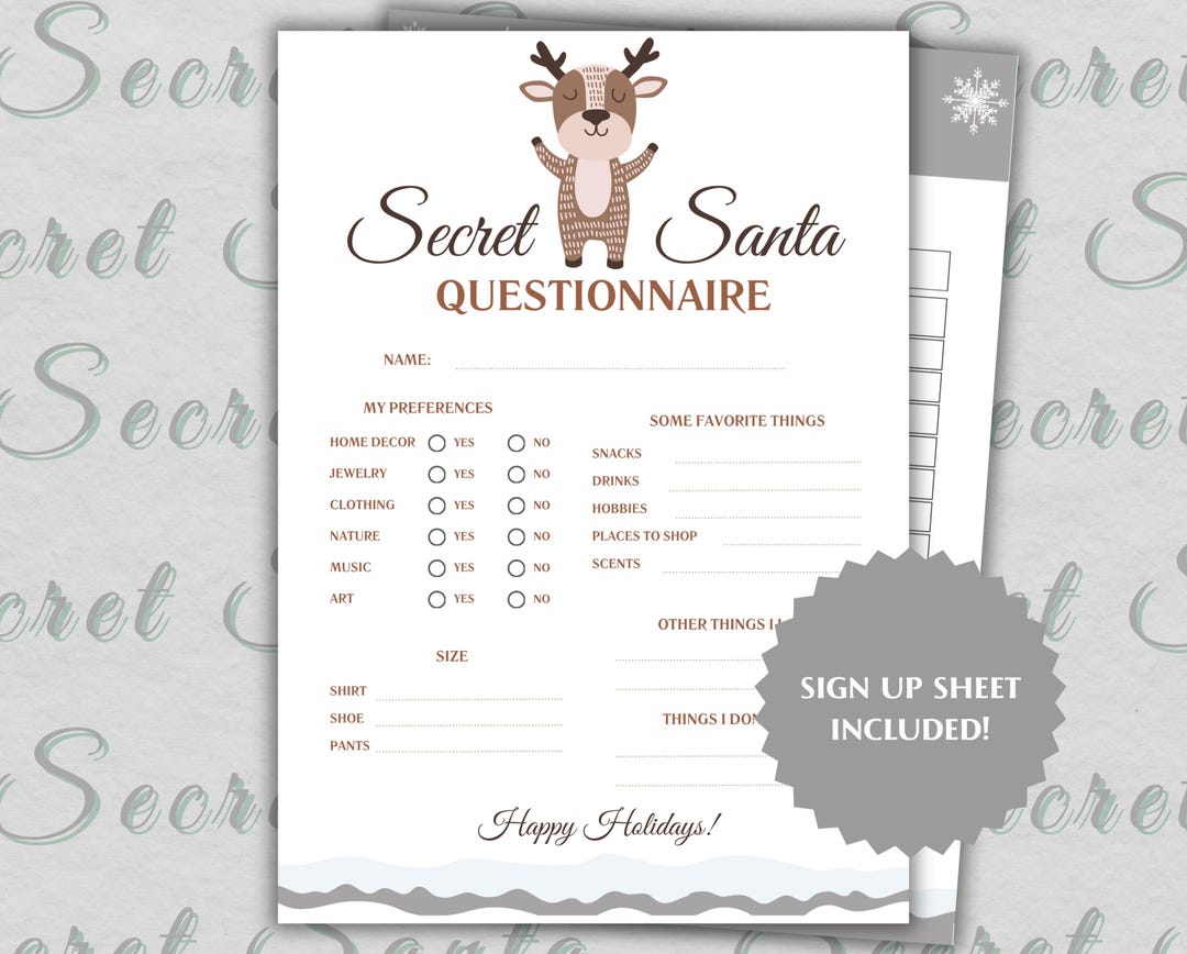 Cuestionario imprimible de amigo secreto, encuesta de amigo secreto ...