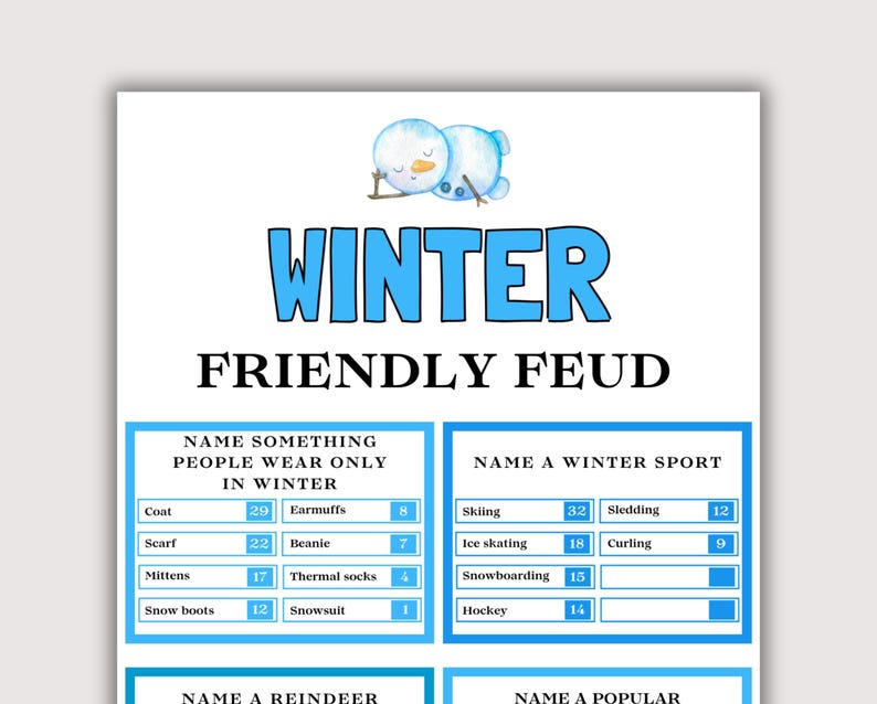 Winter Friendly Feud, Printable Winter Party Games for Kids Adults ...
