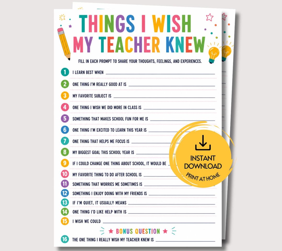 Things I Wish My Teacher Knew About Me Worksheet, Printable Back to ...