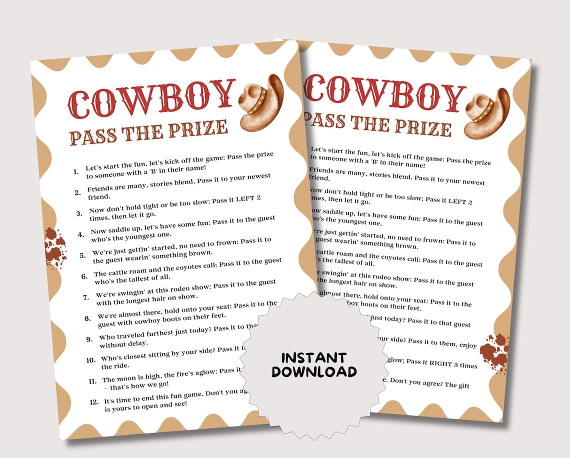 Cowboy Pass the Prize Game, Printable Cowboy Birthday Party Game for ...