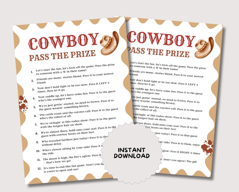 Cowboy Pass the Prize Game, Printable Cowboy Birthday Party Game for ...