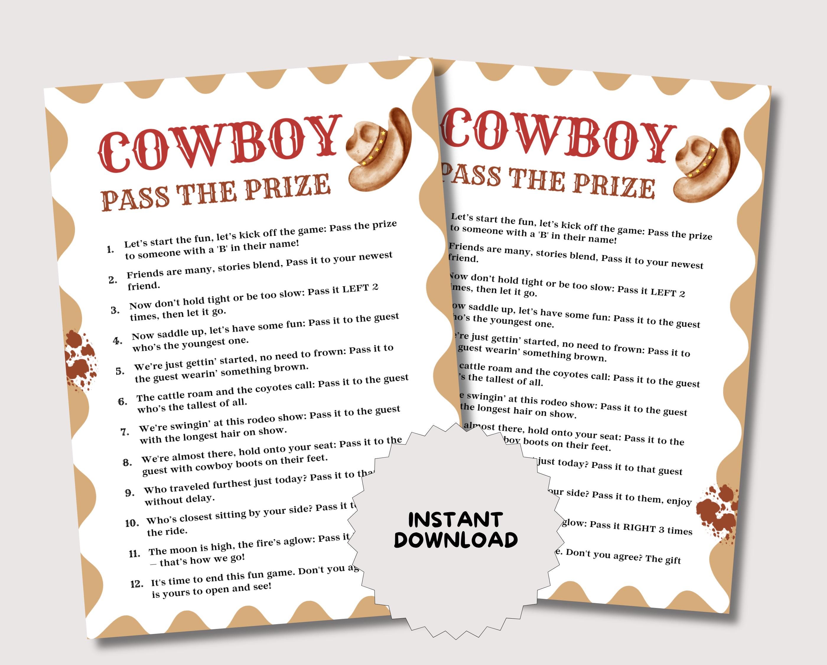 Cowboy Pass the Prize Game, Printable Cowboy Birthday Party Game for ...