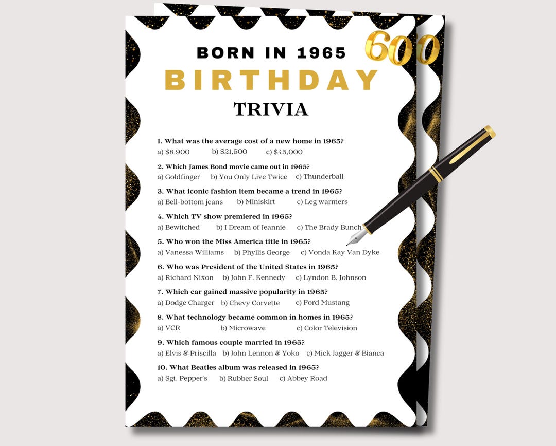 60th Birthday Trivia, 60th Birthday Party Game, Born in 1965 Birthday ...