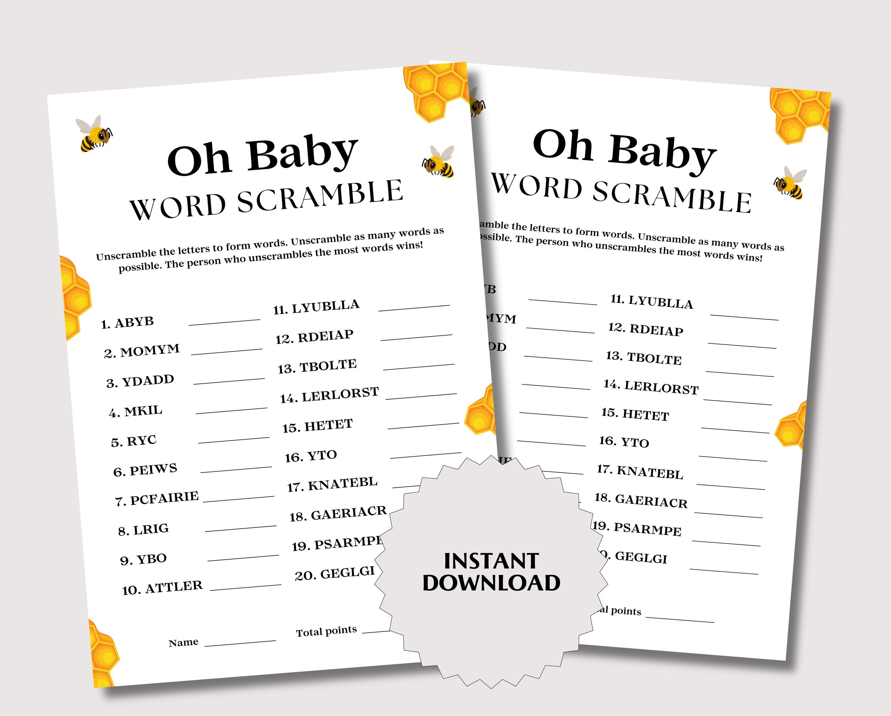 Printable Baby Shower Word Scramble Game, Bee Baby Shower Game, Gender ...
