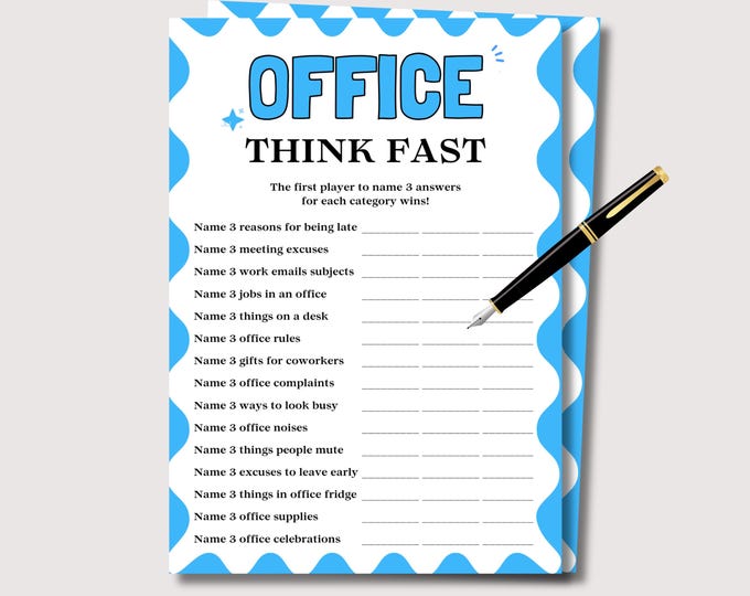 Office Think Fast Game, Fun Printable Team Building Game for Staff ...