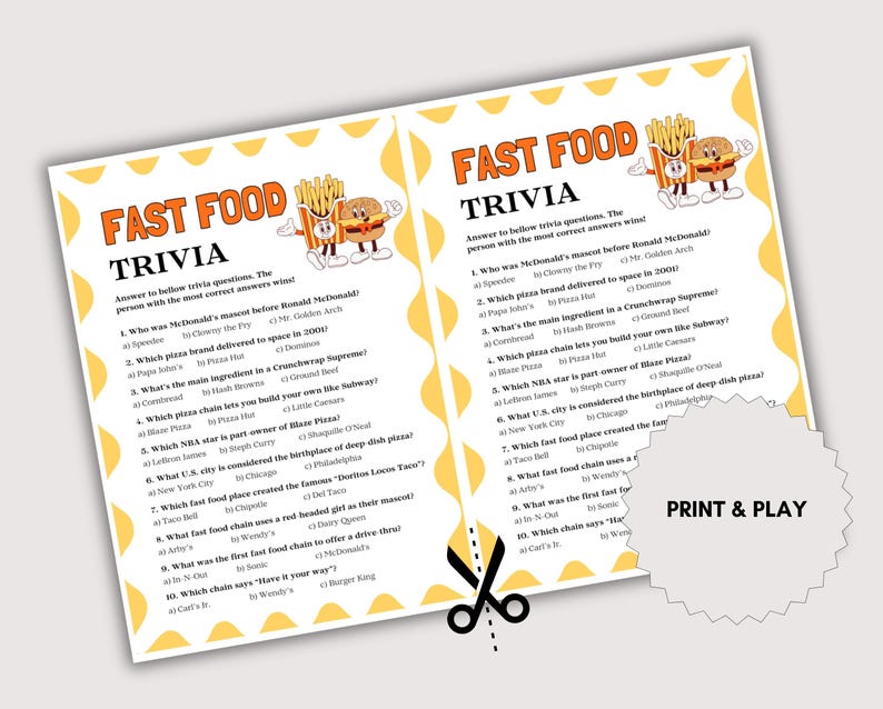 Fast Food Trivia Game, Printable Fast Food Quiz, Trivia Game for Kids ...