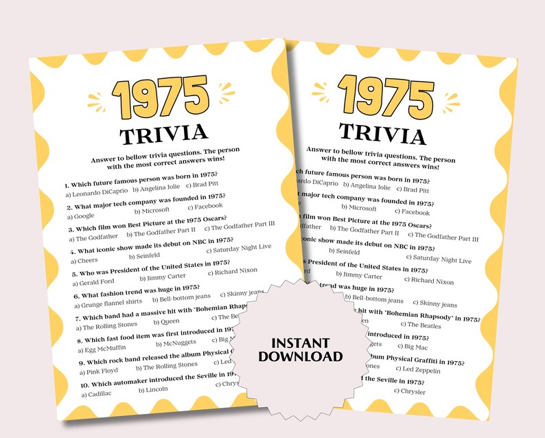1975 Trivia Game, Fun 1975 Birthday Game for Her Him, 1975 Trivia Game ...